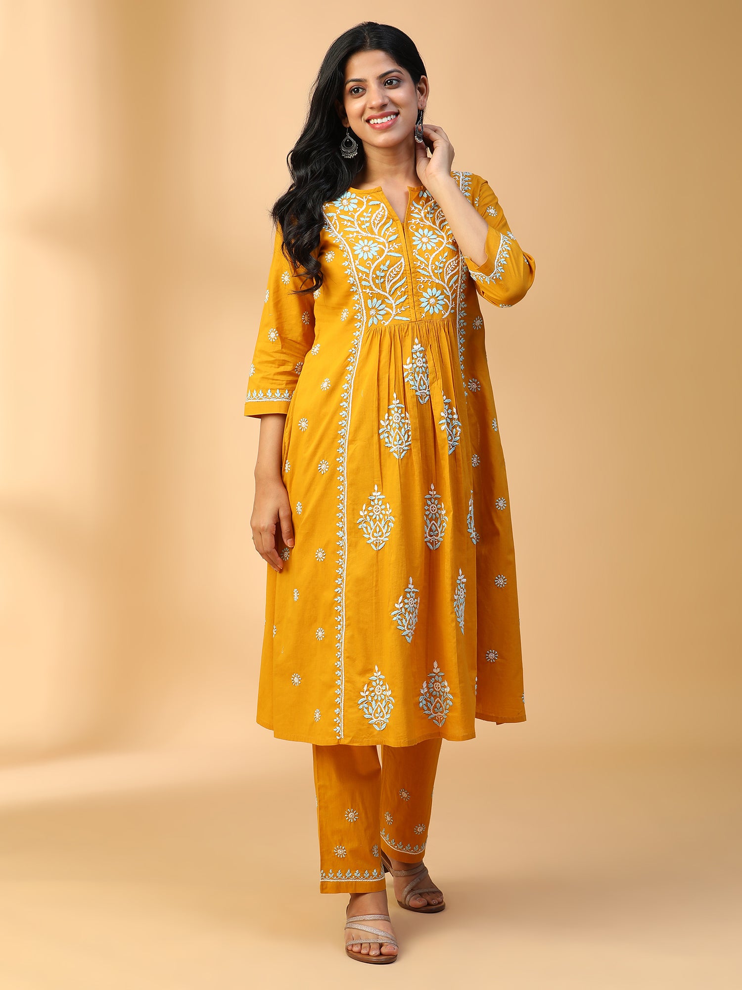 Semal Hand Embroidered Cotton Golden Spice Lucknowi Chikankari Kurta S ...